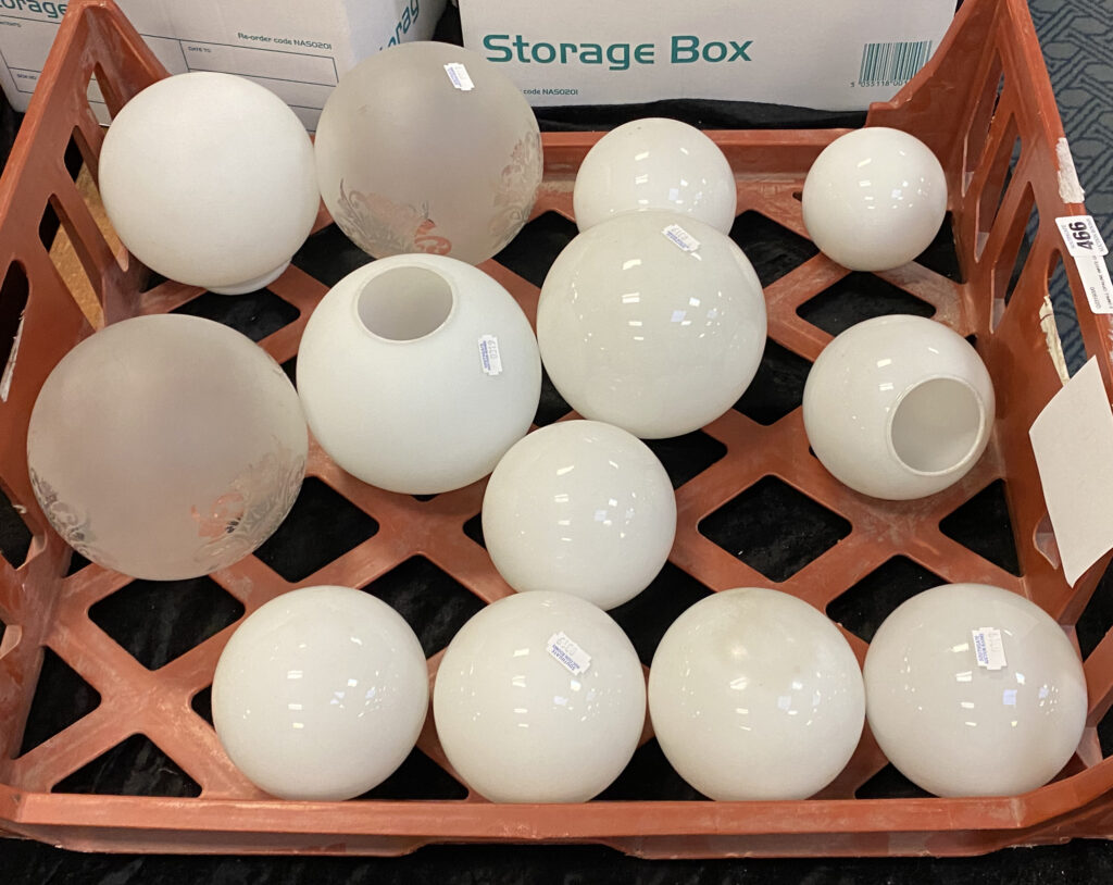 8 SMALL OPALINE WHITE GLOBES , PAIR OF ETCHED GLOBES & 3 OPALINE WHITE ...