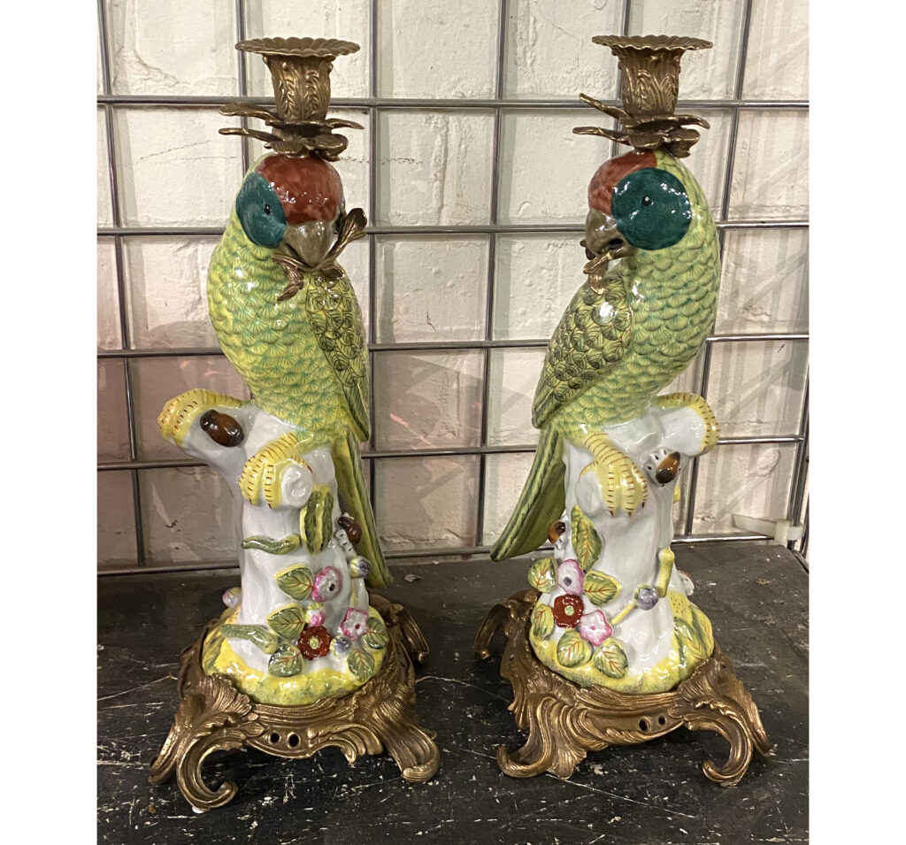 PAIR OF GREEN PORCELAIN PARROT CANDLESTICKS - 36 CMS (H) APPROX ...
