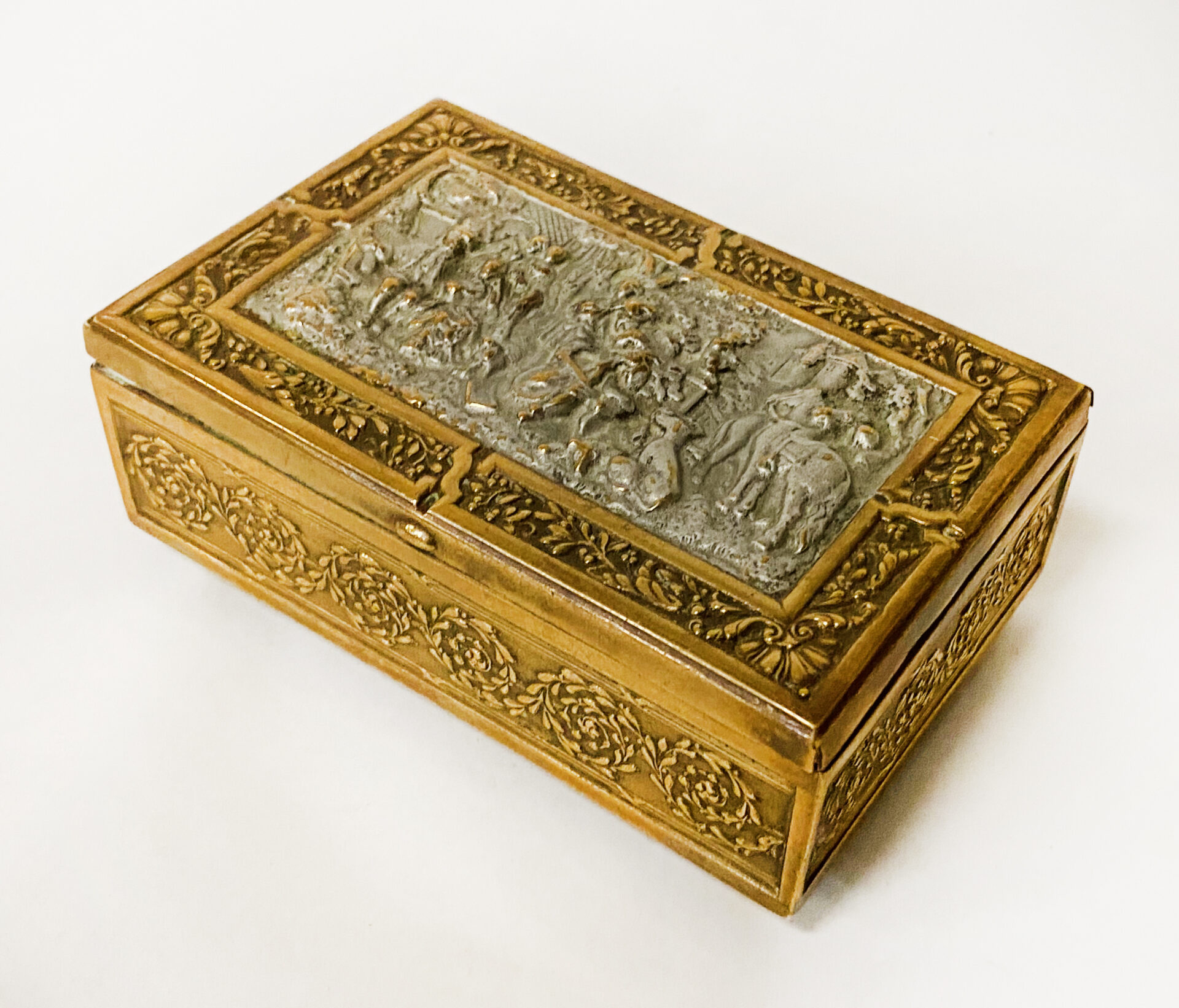 ANTIQUE REUGE MUSICAL BOX IN STYLE OF ANTIMONY CASKET - BRASS & SILVER ...