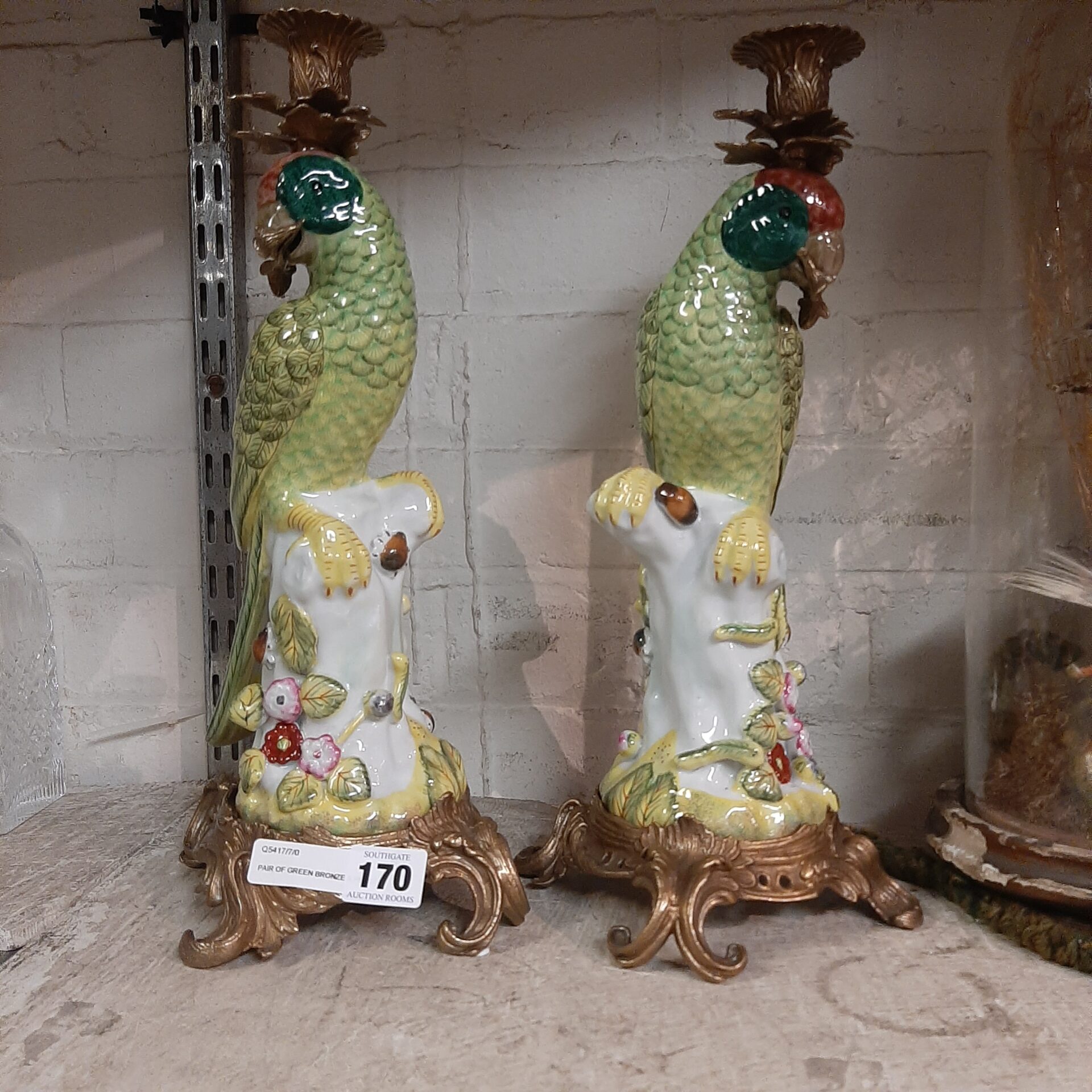 PAIR OF GREEN BRONZE & PORCELAIN PARROT CANDLESTICKS 36CMS (H) APPROX ...
