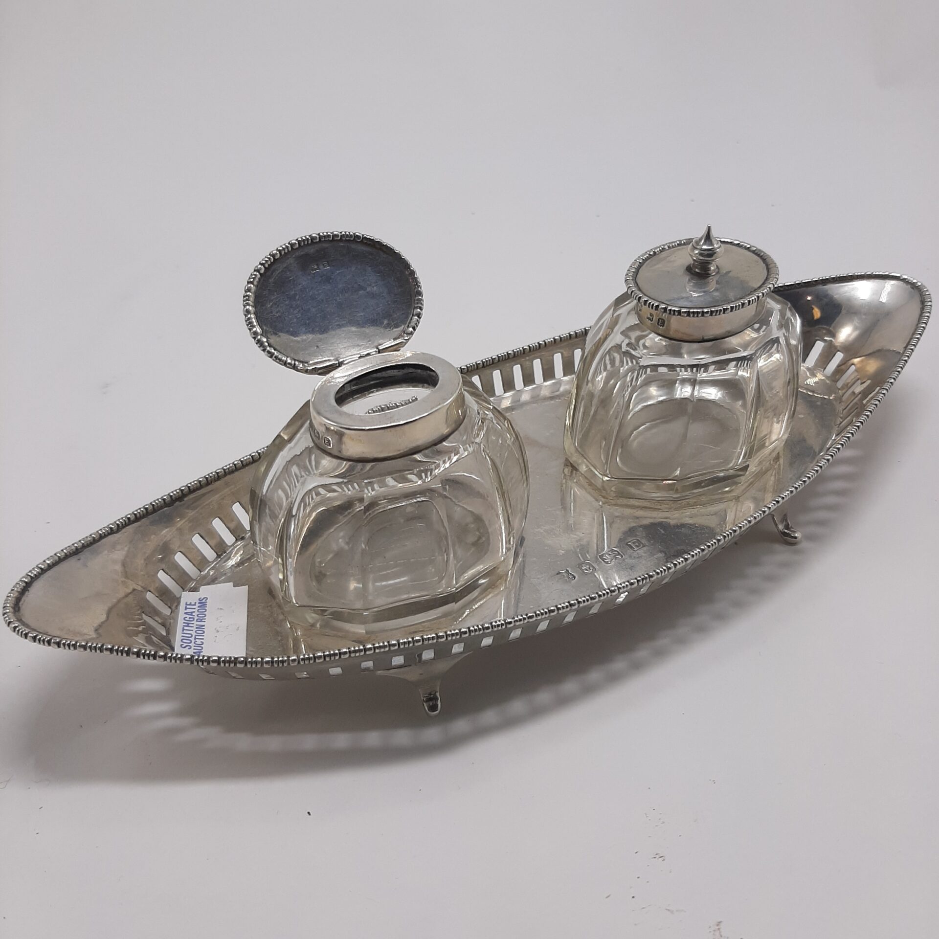 TWO SILVER INKWELL HOLDERS ON STAND - Southgate Auction Rooms