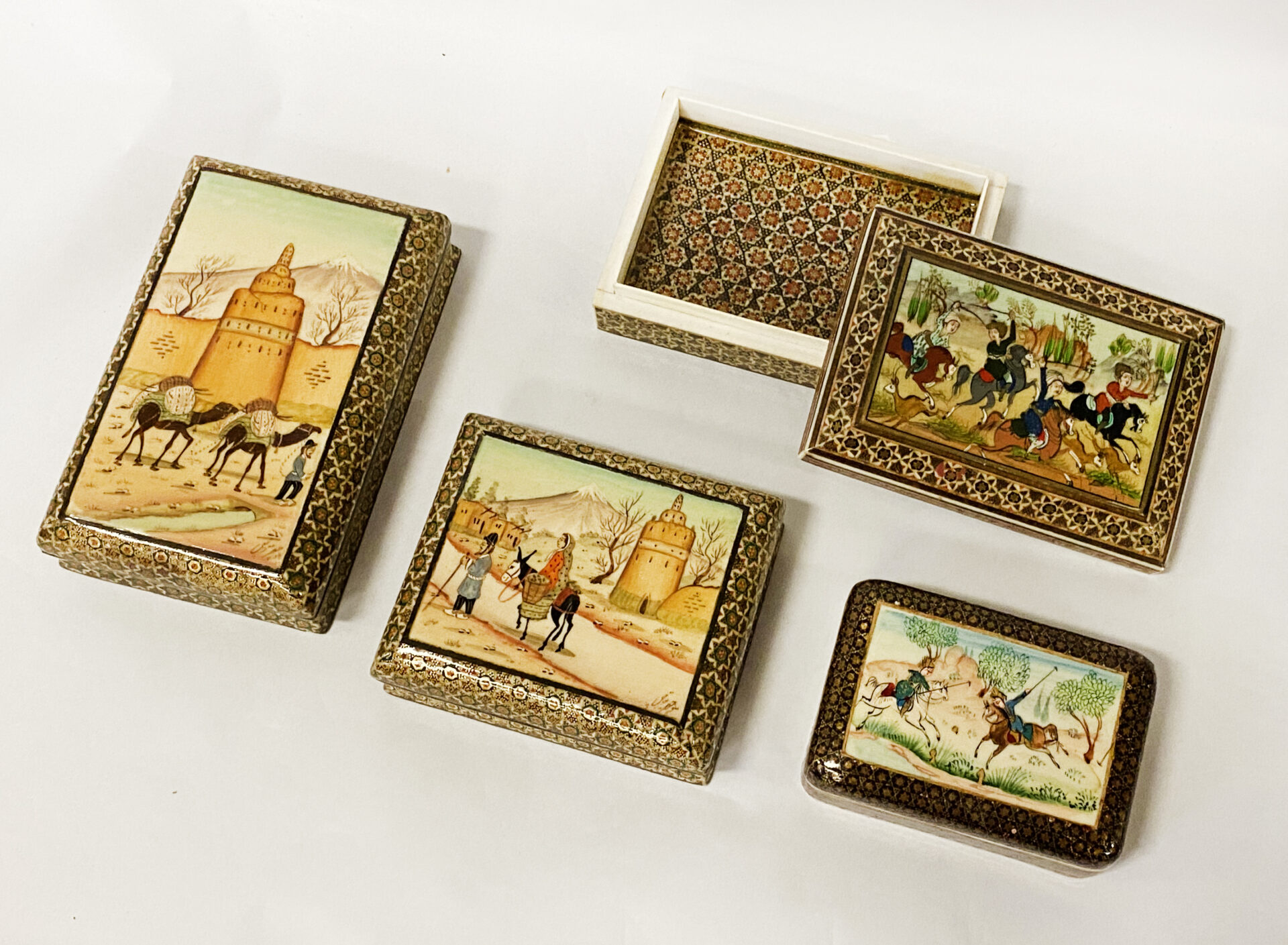 FOUR HAND PAINTED MARQUENTRY PERSIAN BOXES - Southgate Auction Rooms
