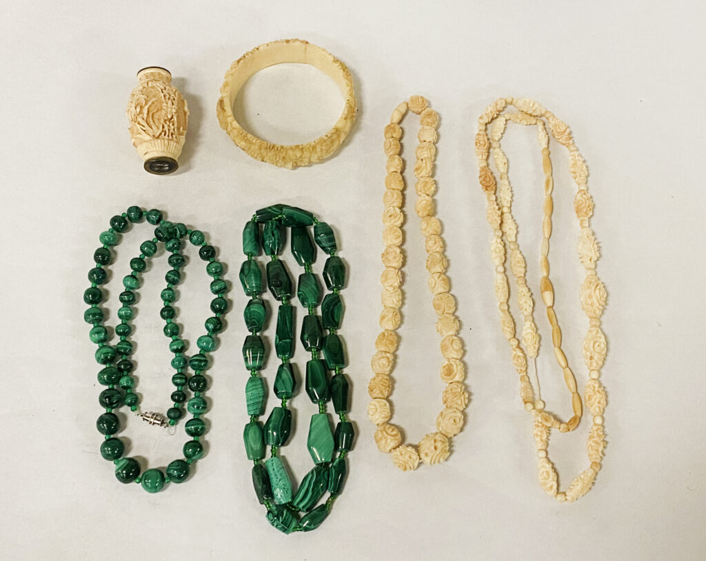 BOX OF BONE & MALACHITE JEWELLERY - Southgate Auction Rooms