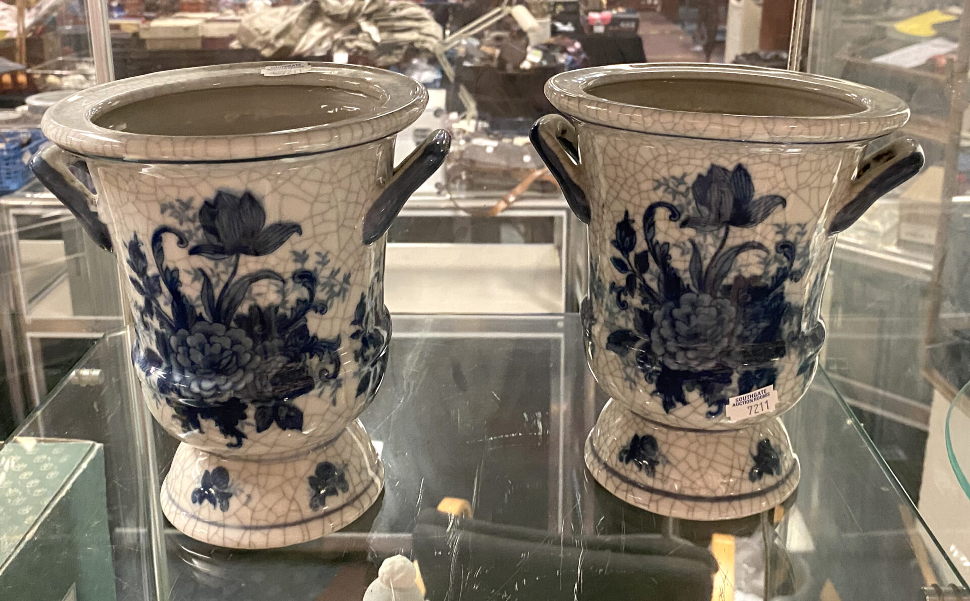 TWO BLUE & WHITE CRAQUELURE EFFECT MASONS URNS - Southgate Auction Rooms
