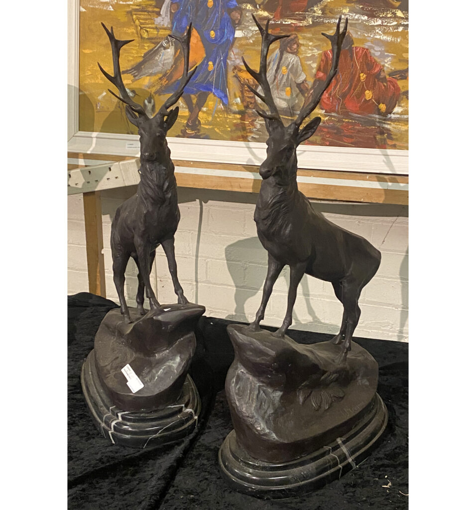 PAIR OF BRONZE STAG FIGURES - 73.5 CMS (H) APPROX - Southgate Auction Rooms