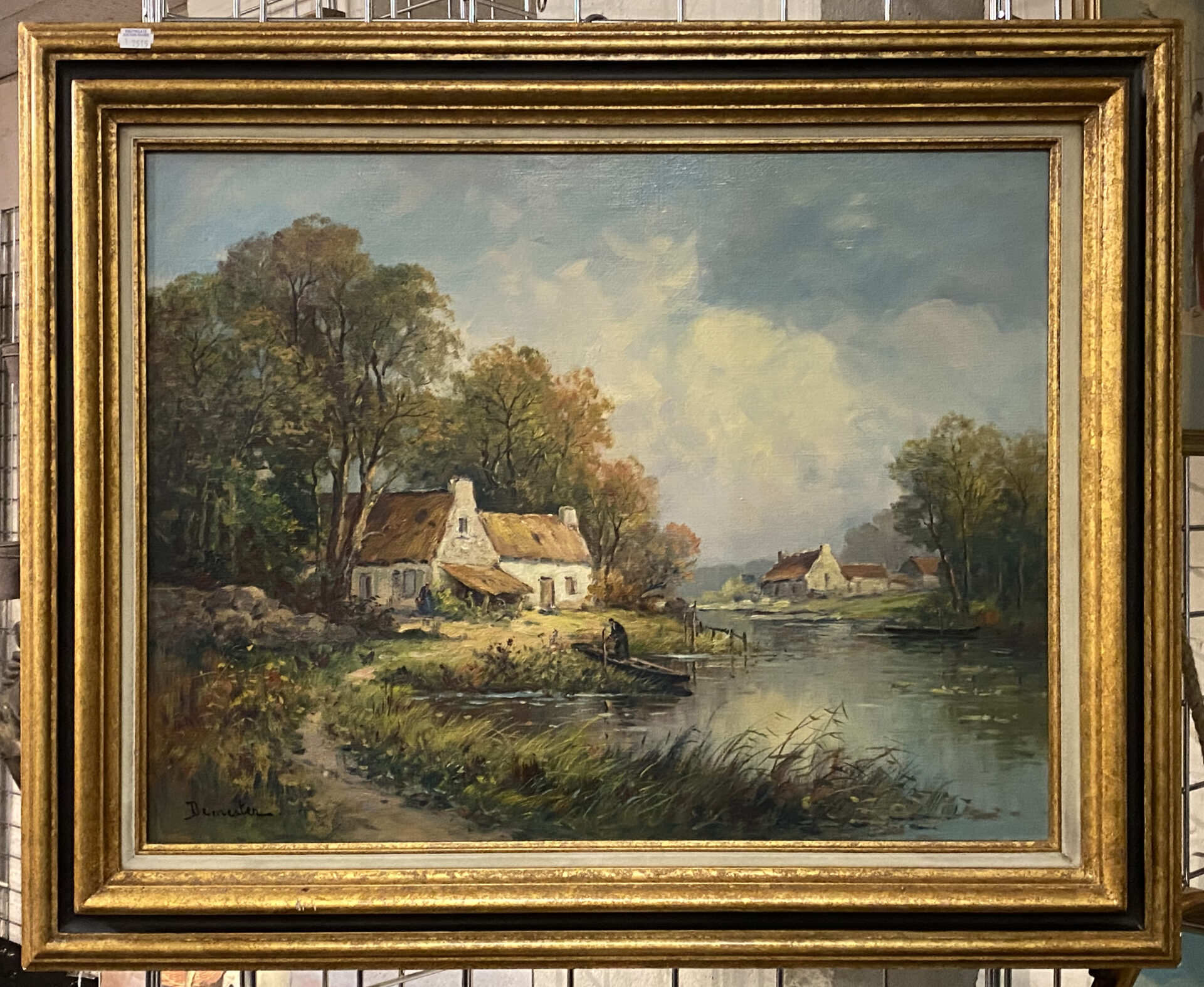 EUGENE DEMESTER GILT FRAMED OIL ON CANVAS - COTTAGE BY RIVER VIEW ...