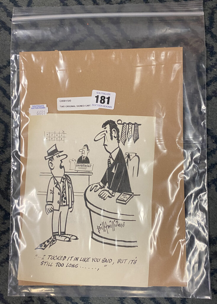 TWO ORIGINAL SIGNED CARTOONS ON PAPER BY BILL WILLIAMS - APPROX 17CM X ...